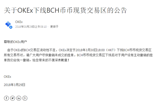 OKEx：将于3月30日下线BCH币币现货交易区|OKEx_新浪财经_新浪网