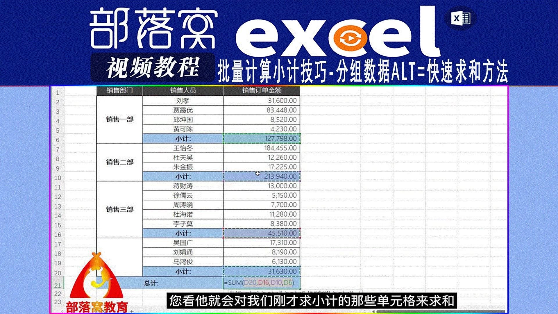 Excel批量计算小计技巧视频:分组数据alt 快速求和方法 Excel批量计算小计视频 部落窝教育分享 Excel数据分组求和视频 新浪新闻