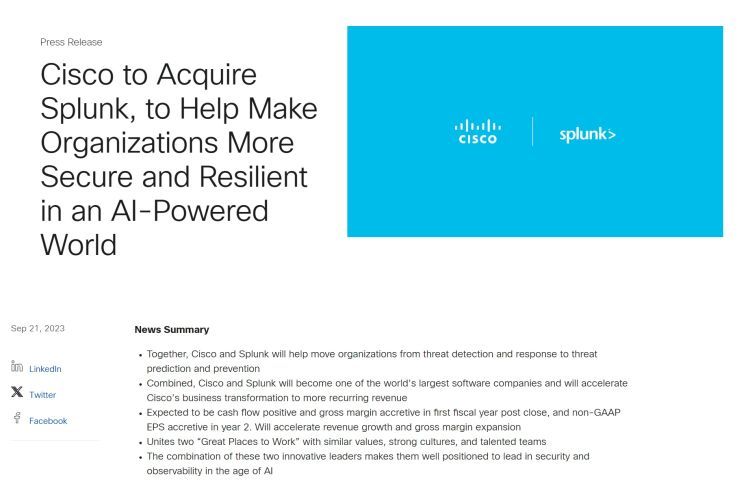 今年最大笔科技交易！思科豪掷280亿美元收购网络安全公司Splunk|网络安全|思科|美元_新浪新闻
