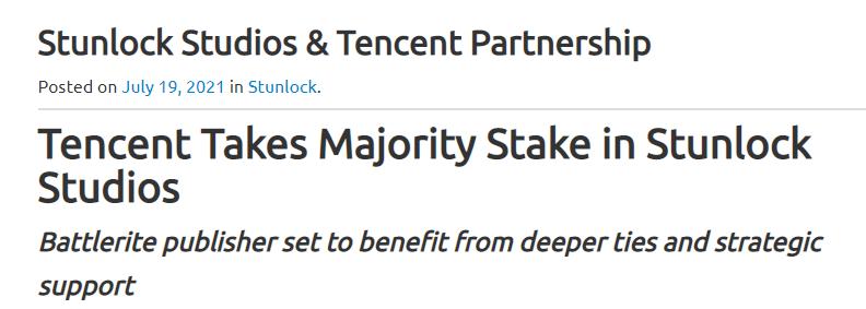 腾讯收购瑞典开发商Stunlock Studios多数股权，2016年开始合作