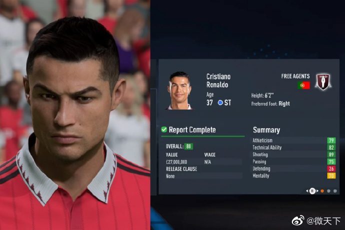 转会沙特后C罗在FIFA23中评分下降|转会|克里斯蒂亚诺·罗纳尔多|世界杯_新浪新闻