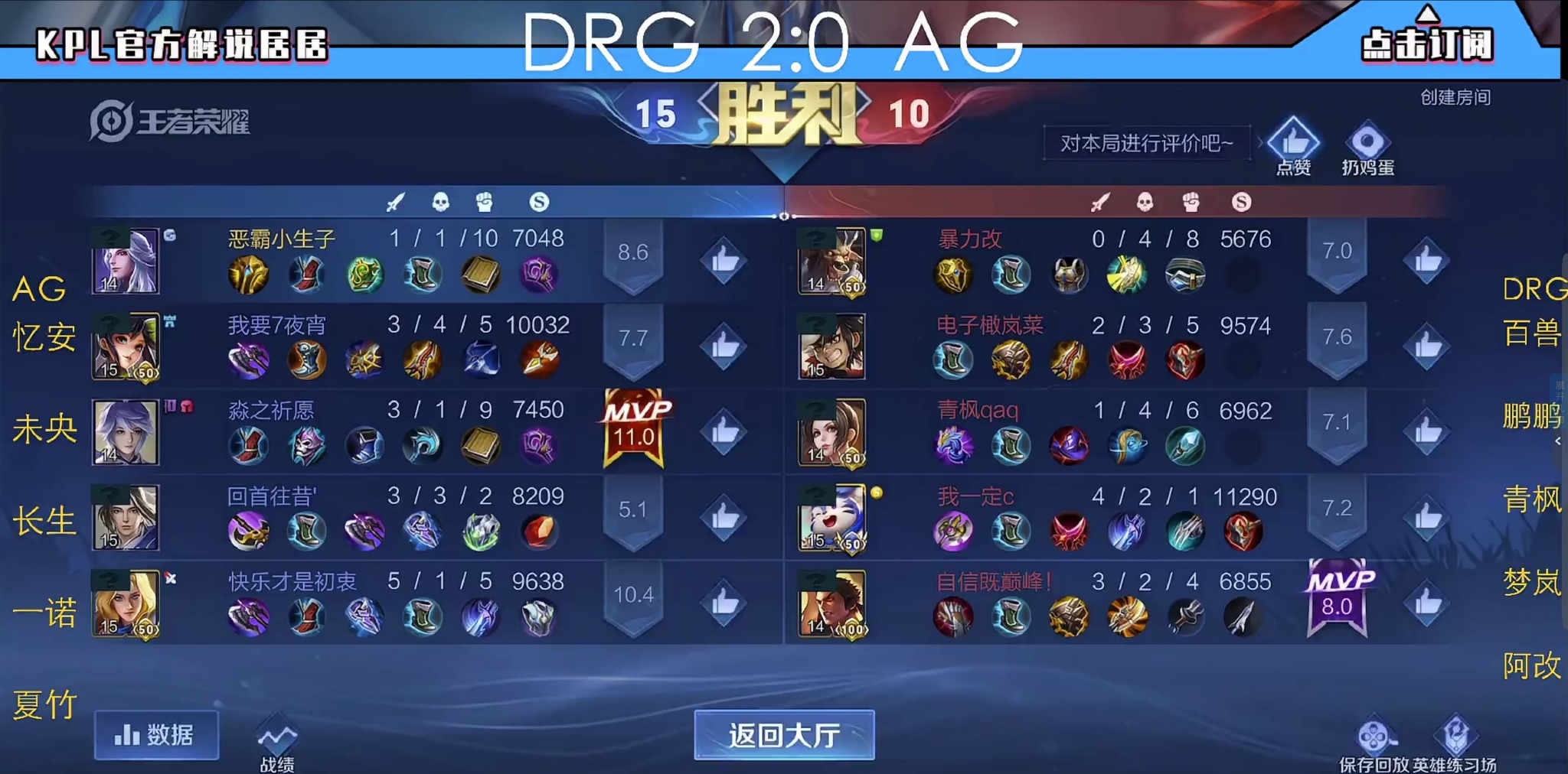 公开训练赛 成都AG超玩会 1:2 佛山DRG 本局MVP给到了