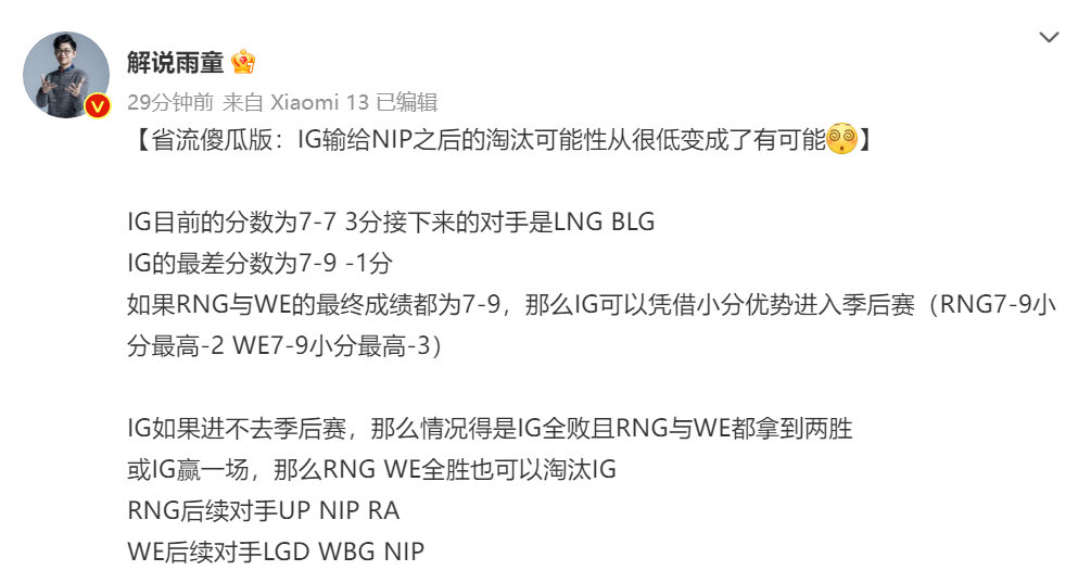 IG输给NIP之后的淘汰可能性从很低变成了有可能