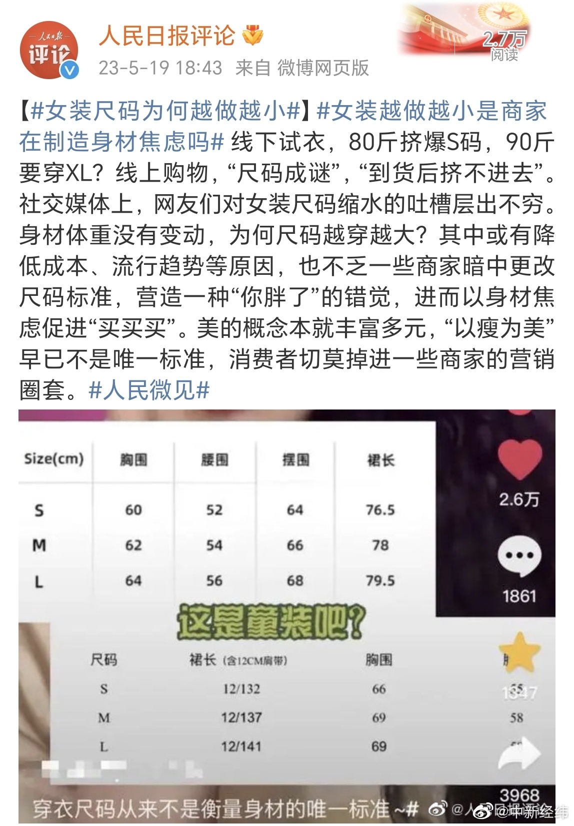 人民日报评女装尺码为何越做越小人民日报新浪新闻