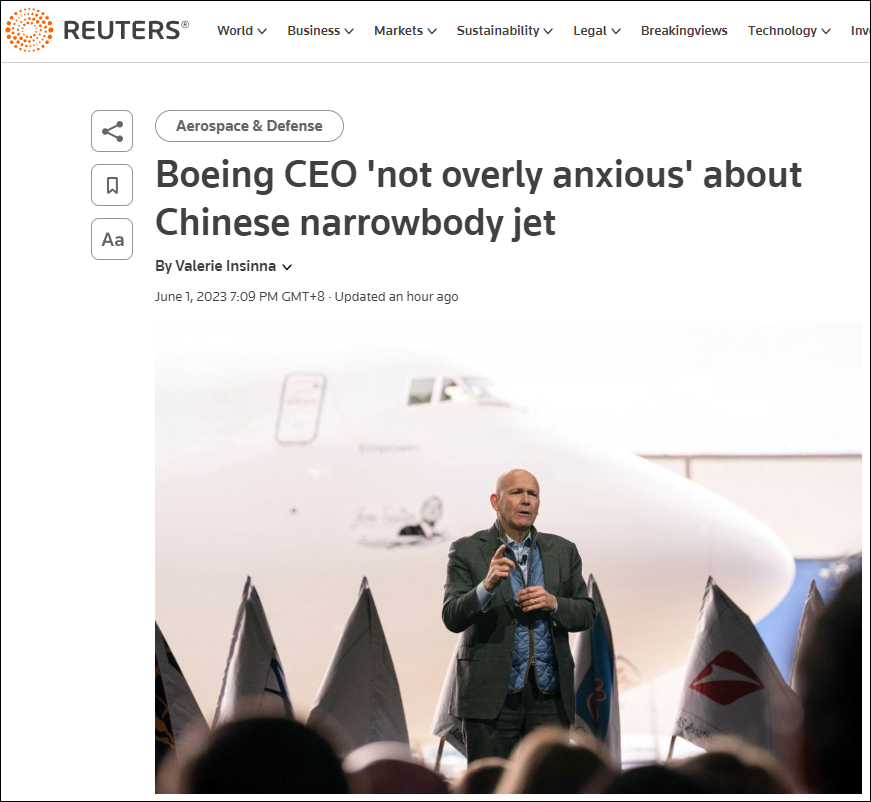 波音CEO谈C919：三足鼎立也不是坏事，过度焦虑很愚蠢|波音|C919|路透社_新浪新闻