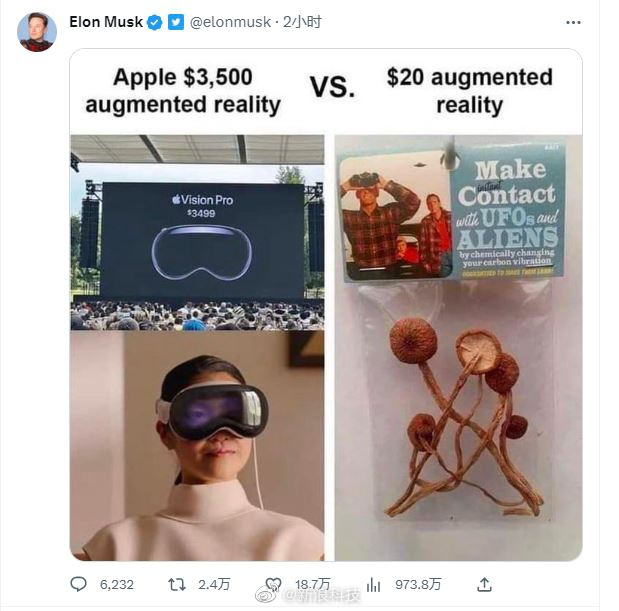 马斯克嘲讽苹果VisionPro头显：花3500美元买它，不如花20美元买包致幻蘑菇|伊隆-马斯克|美元|苹果_新浪新闻