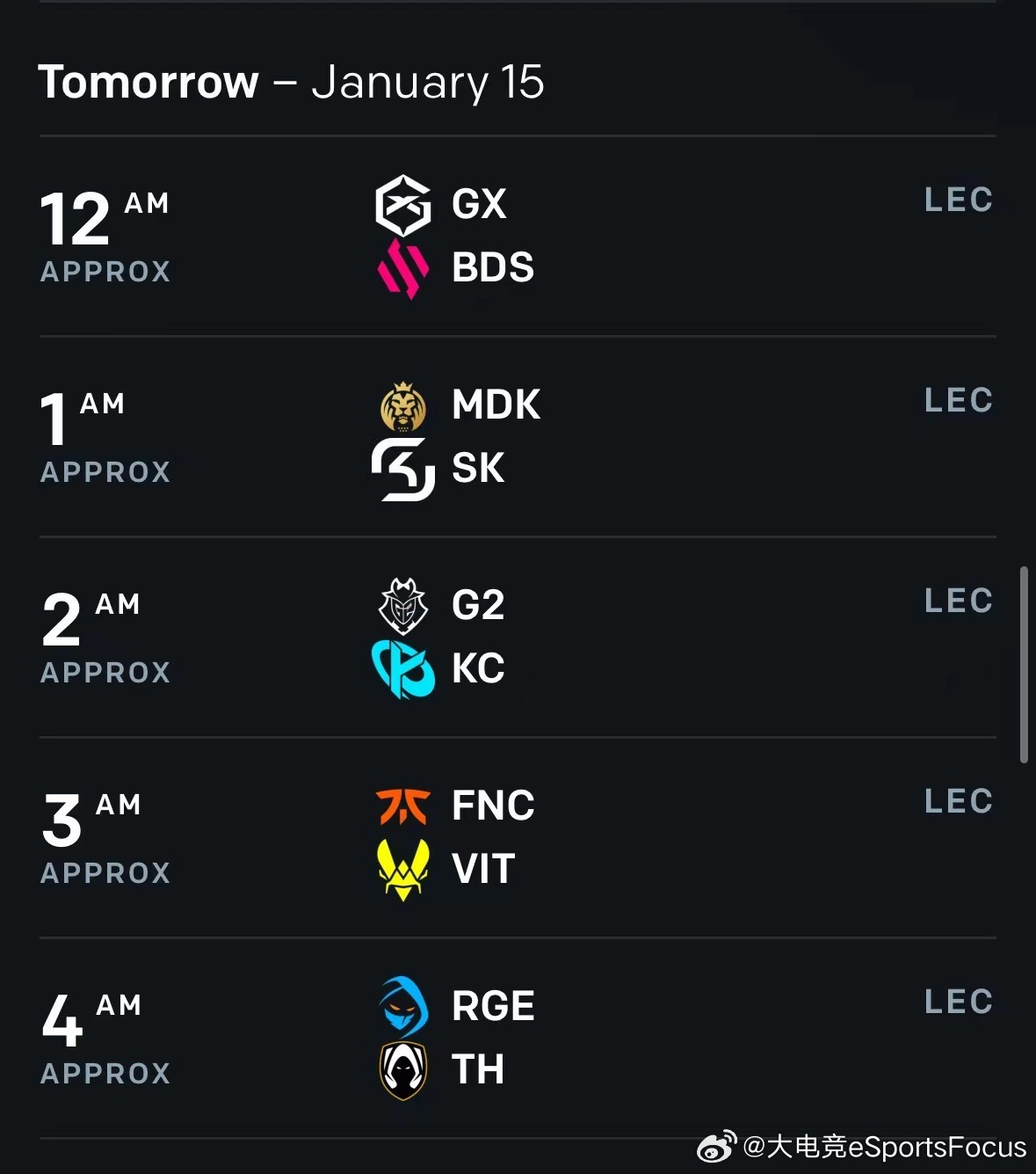 LEC冬季赛第二日赛程如下 GX vs BDS MDK vs SK G2 vs KC FNC vs……|g2|赛程|英雄联盟_新浪新闻
