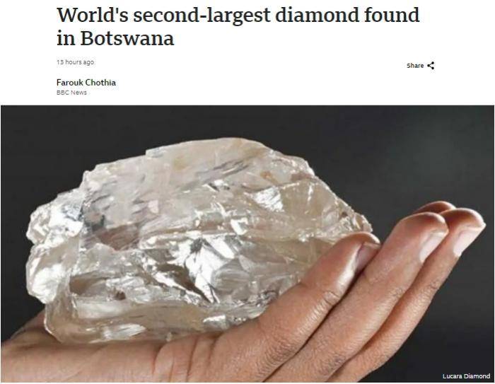 重达2492克拉！博茨瓦纳发现世界第二大钻石|钻石|博茨瓦纳|BBC_新浪新闻