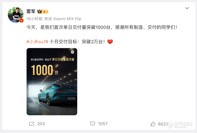 小米SU7单日交付量突破1000台 10月冲刺交付2万台-新浪汽车