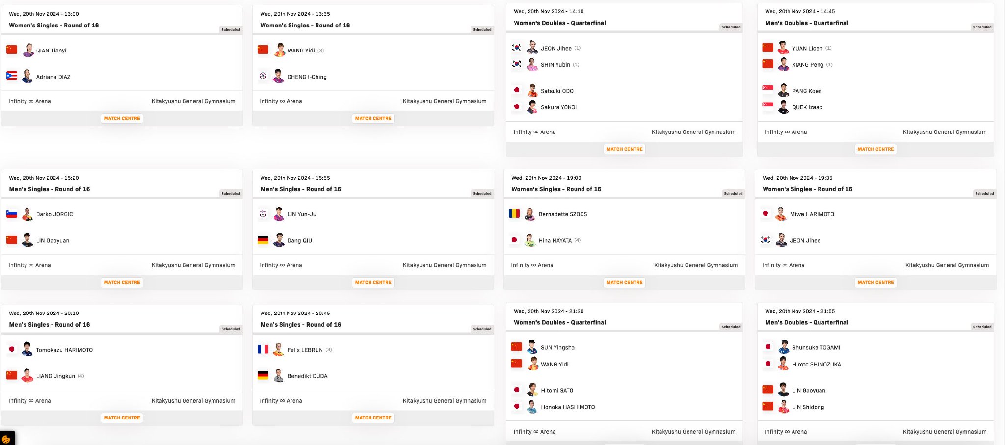 2024WTT福冈总决赛第一比赛日赛程： 11月20日 进行男女单打、双打第一轮|总决赛|王艺迪|田志希_新浪新闻