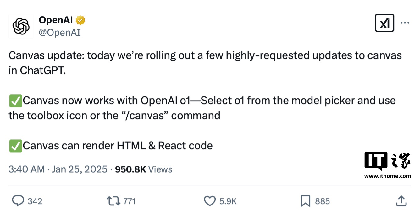 OpenAI 更新 ChatGPT Canvas 寫作工具：上線 o1 模型、新增支持渲染 HTML / React 代碼 - 新浪香港