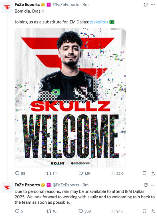 官宣：rain因个人原因缺席IEM达拉斯 skullz替补参赛-新浪电竞_电竞赛事_直播报道_新浪电子竞技