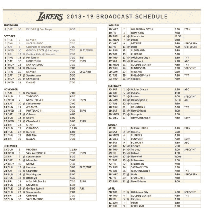 2018-19赛季NBA常规赛完整赛程，勇士湖人四番战