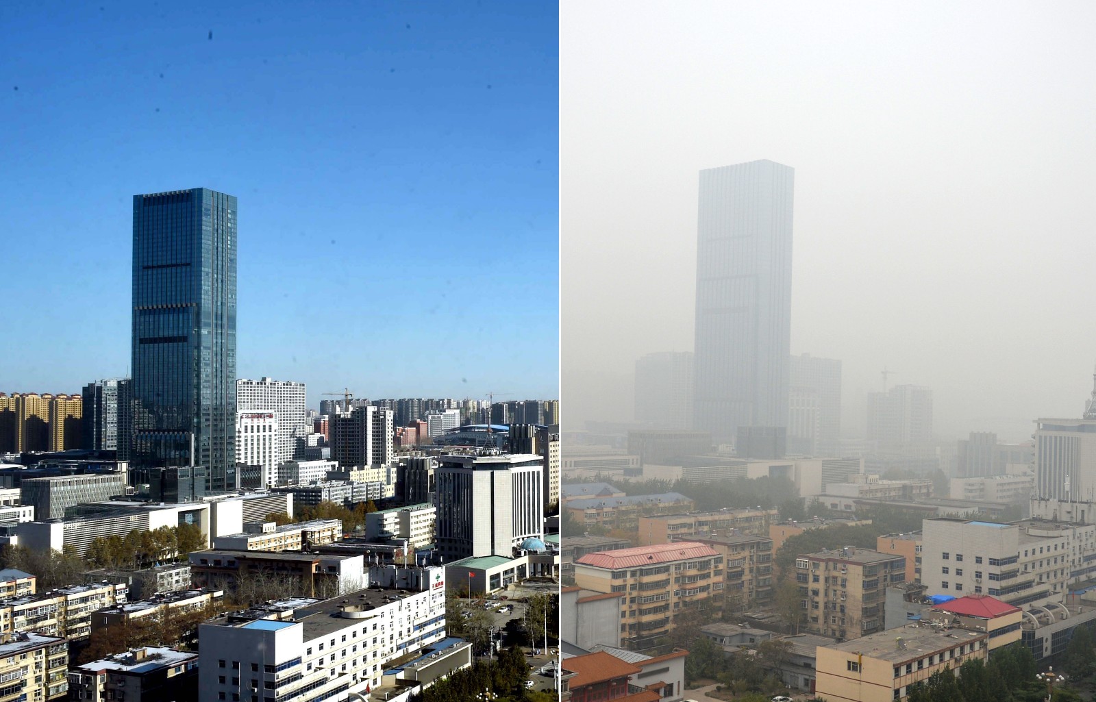 雾霾蓝天对比图： 重霾之下 城市失色