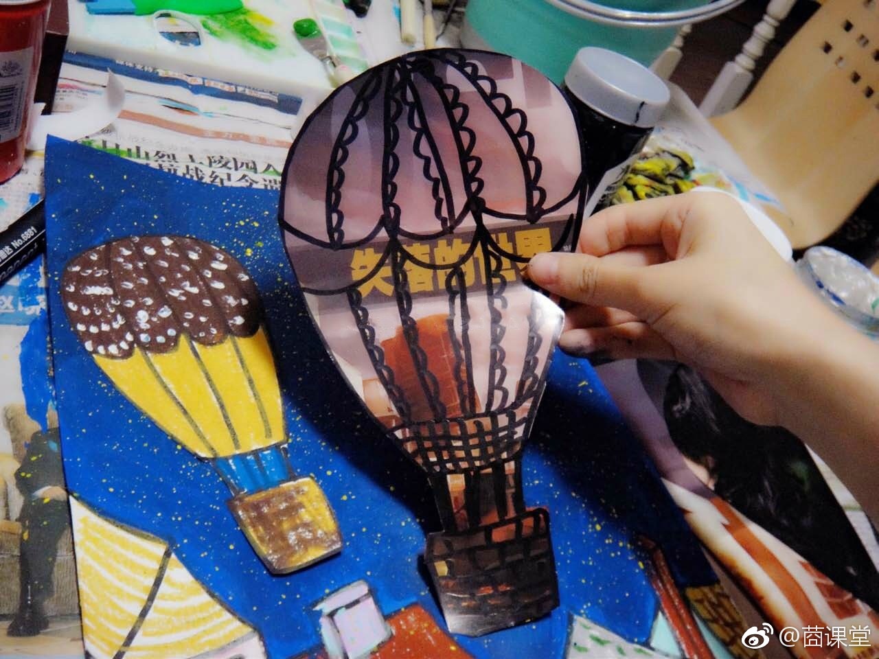 少儿创意画：夜间腾飞的热气球