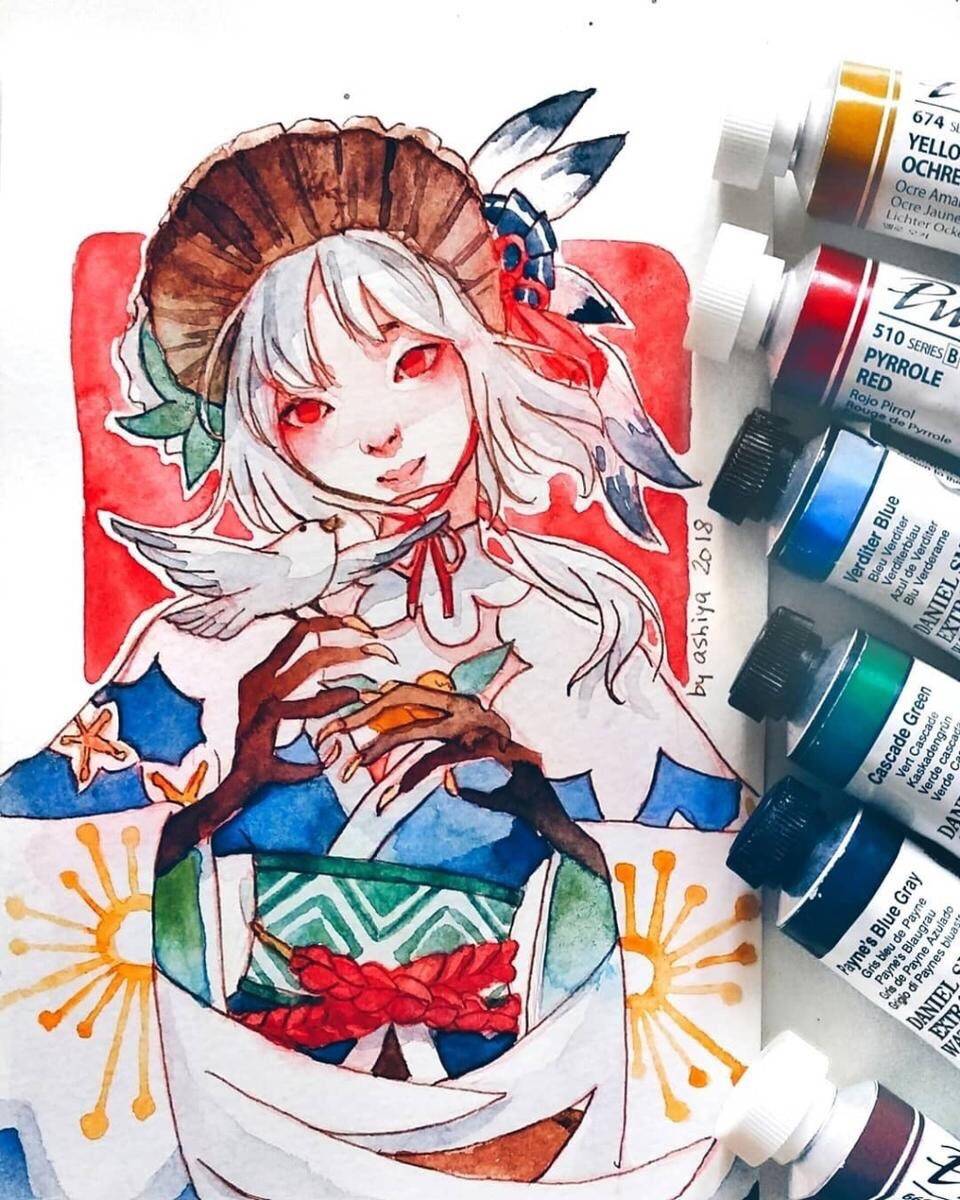 少女水彩作品 | 来自Ashiya Kisa @微博艺术