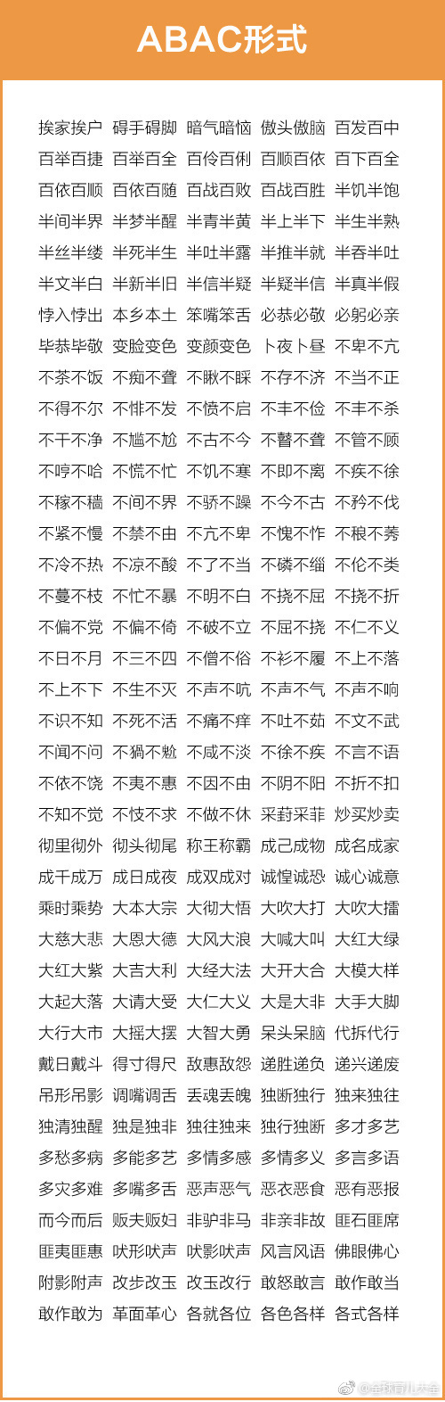 成语/词语汇总：AABC、ABCC、AABB、ABAB、ABAC、AAB、ABB七种形式