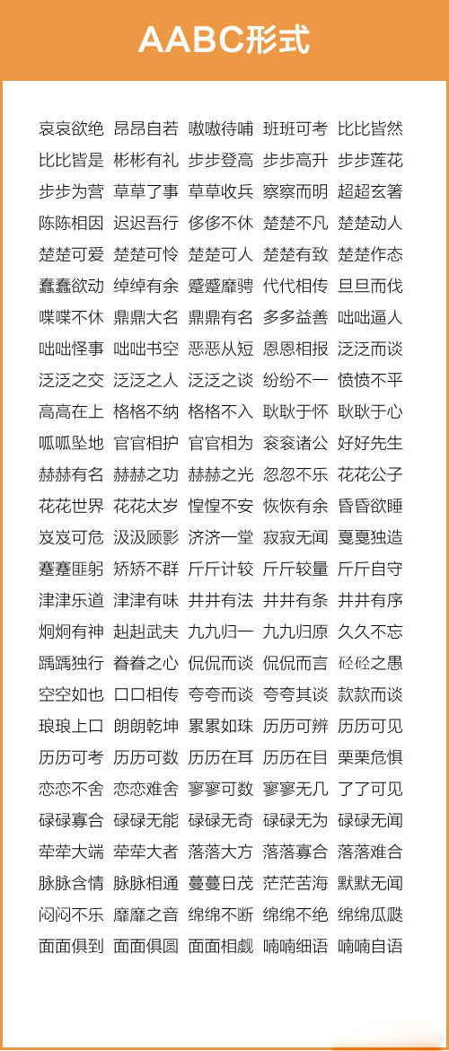 成语词语汇总：AABC、ABCC、AABB、ABAB、ABAC、AAB、ABB七种形式|词语|成语|口才_新浪新闻