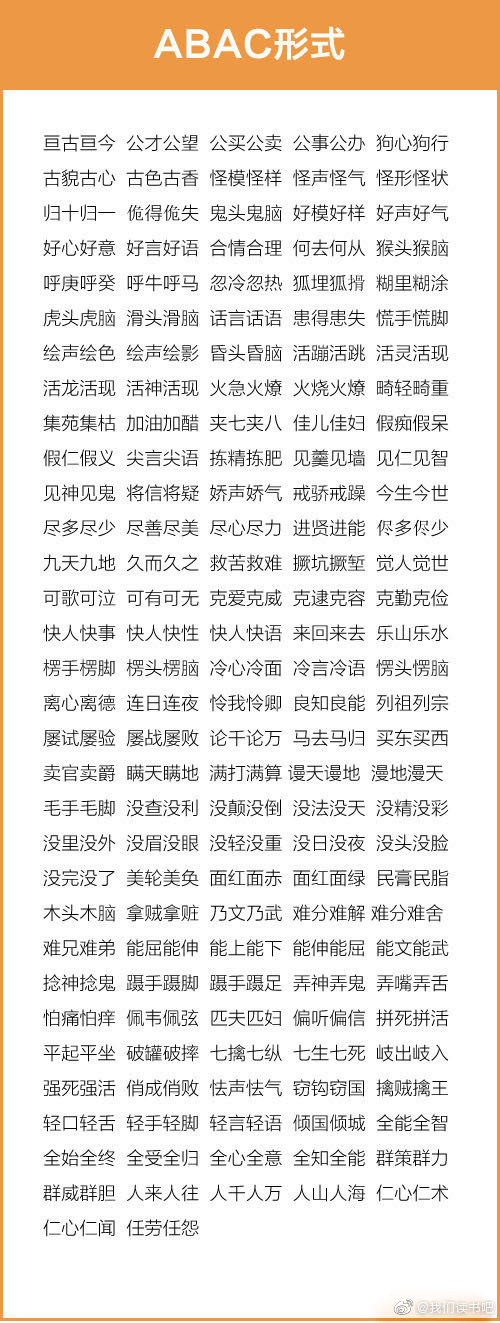 成语词语汇总：AABC、ABCC、AABB、ABAB、ABAC、AAB、ABB七种形式|词语|成语|口才_新浪新闻