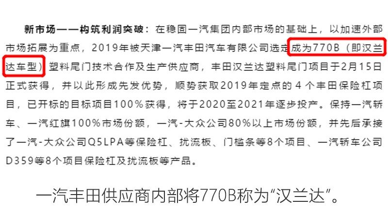 一汽丰田770B项目为国产全新中型SUV“汉兰达”。