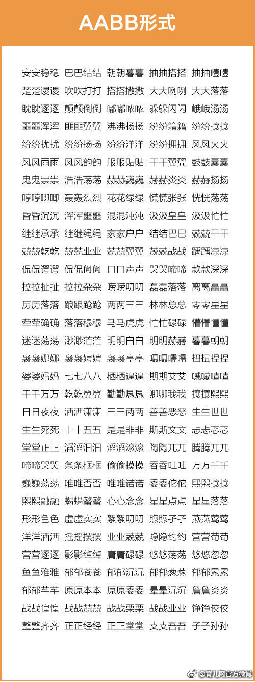 成语/词语汇总：AABC、ABCC、AABB、ABAB、ABAC、AAB、ABB七种形式