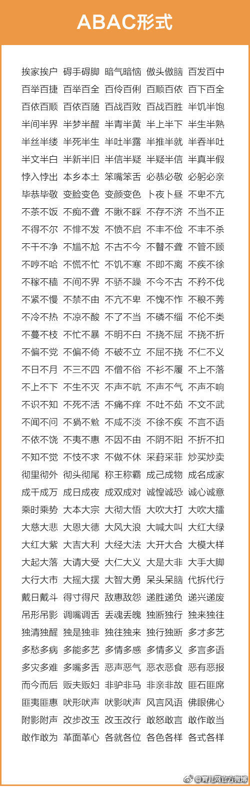 成语/词语汇总：AABC、ABCC、AABB、ABAB、ABAC、AAB、ABB七种形式