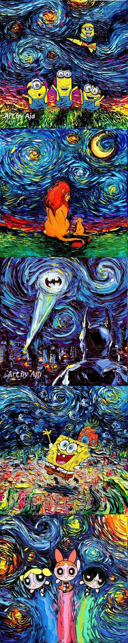 艺术家 Aja Kusick，将动漫等人物画入了梵高的画中，超有爱