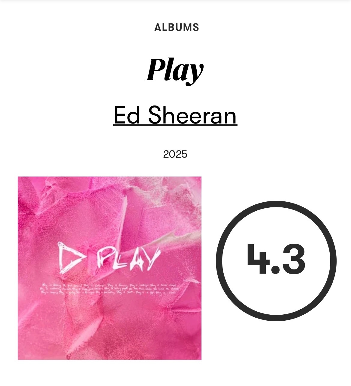 Pitchfork给Ed Sheeran新专《Play》打4.3分，评其甜美平庸懒散