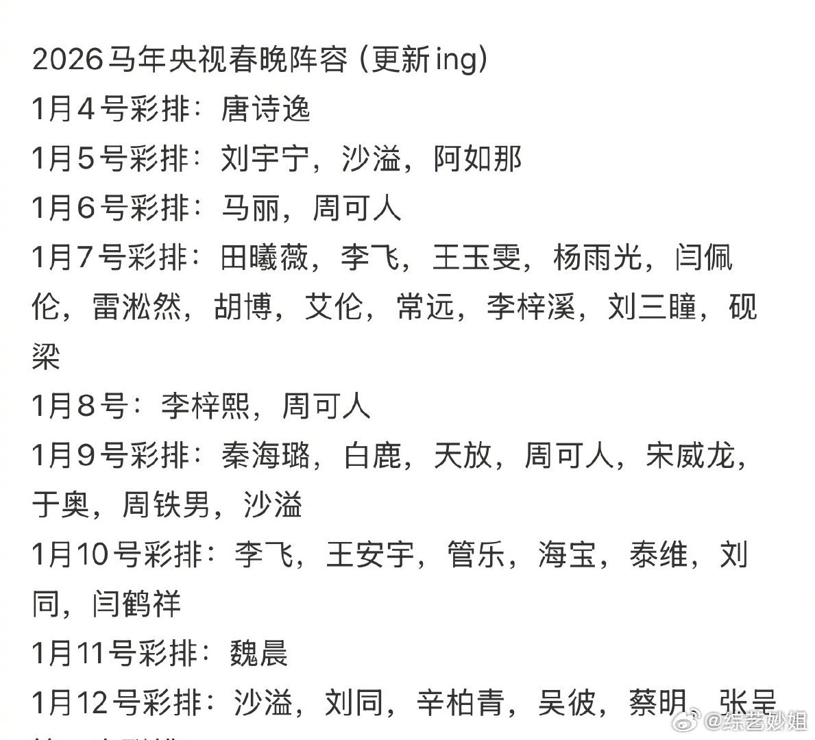 马年央视春晚彩排明星阵容曝光，沙溢刘宇宁等亮相|周可人|雷淞然|杨雨光|闫佩伦|王玉雯_新浪新闻
