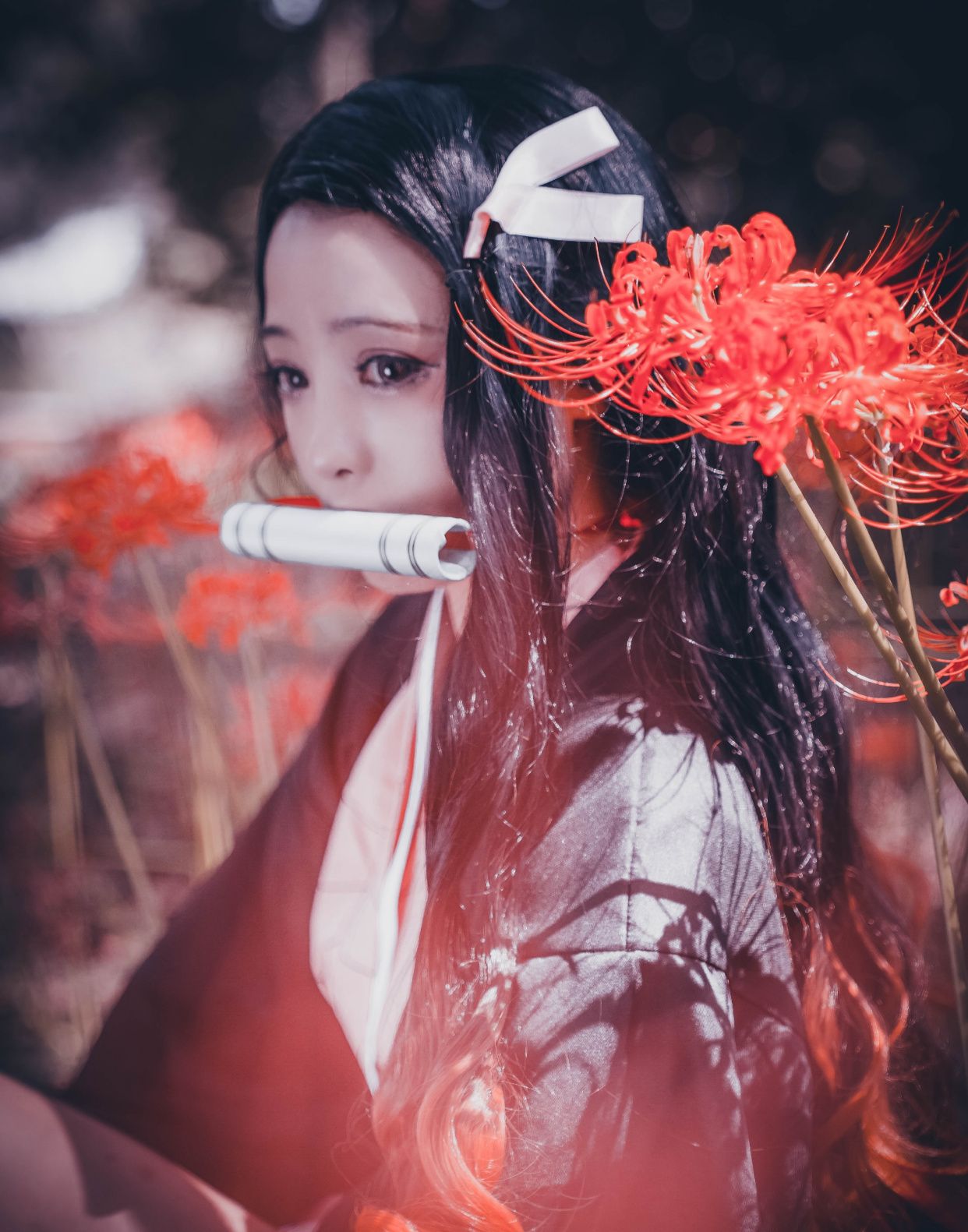 cosplay:跪坐在彼岸花丛间的灶门弥豆子，美得让人心醉