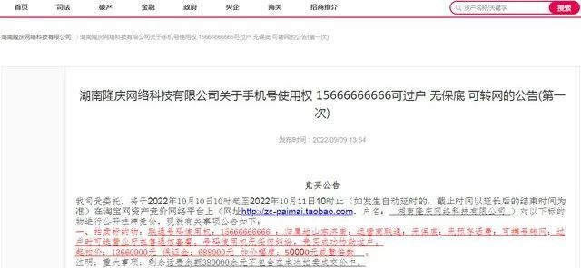“顶级靓号15666666666”1366万起拍！网友：中彩票都买不起
