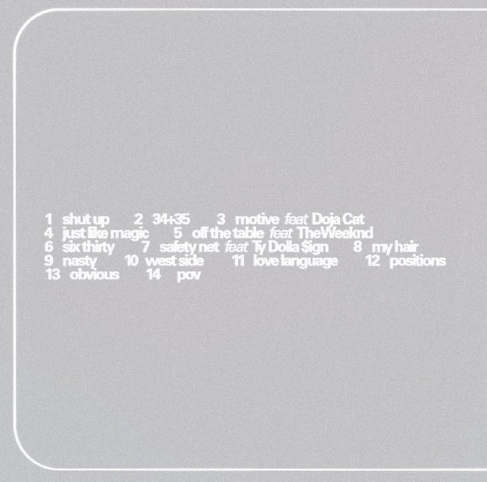 A妹Ariana Grande曝光了新专辑《Positions》专辑曲目列表