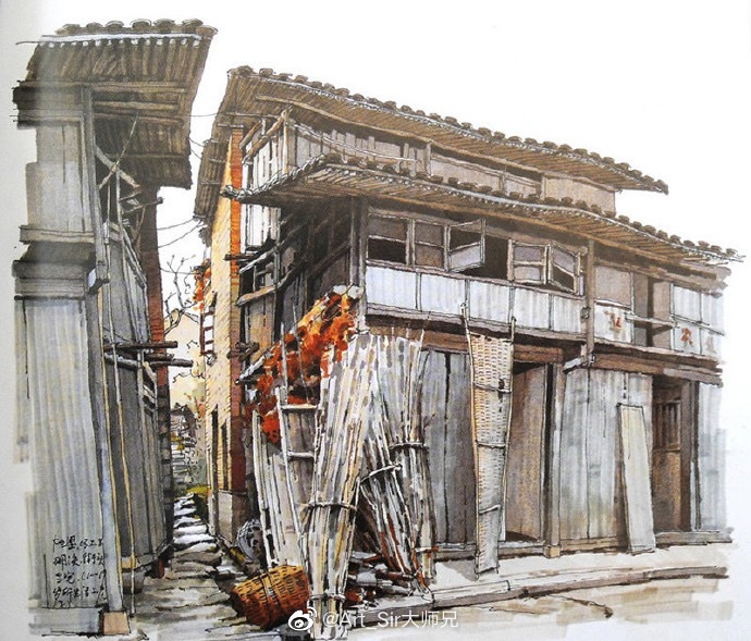 乡村民居马克笔作品夏克梁先生作品