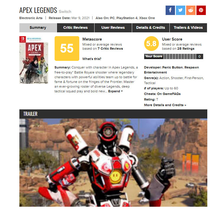 《Apex英雄》Switch版：帧数与分辨率的限制仍是最大问题