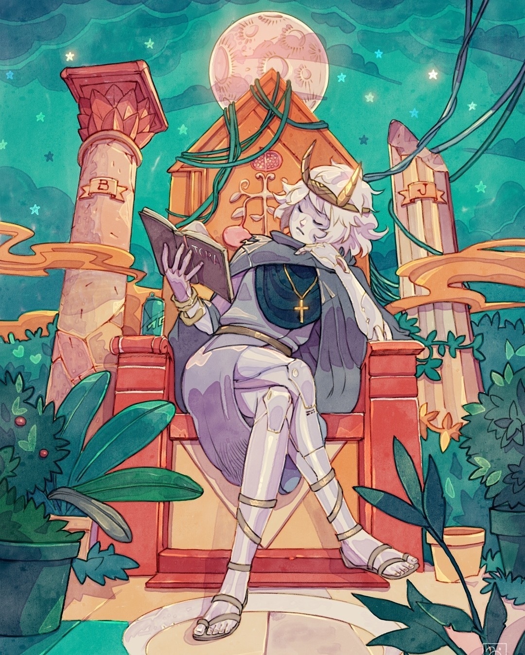 插画师simz.art的作品，主色调为蓝绿，辅助色粉紫色