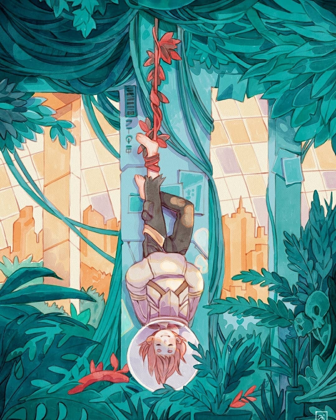 插画师simz.art的作品，主色调为蓝绿，辅助色粉紫色