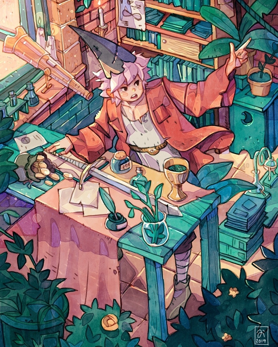 插画师simz.art的作品，主色调为蓝绿，辅助色粉紫色