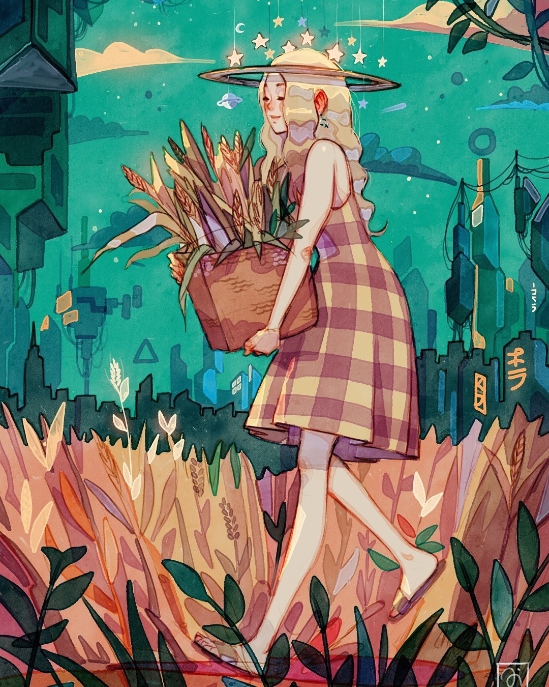 插画师simz.art的作品，主色调为蓝绿，辅助色粉紫色