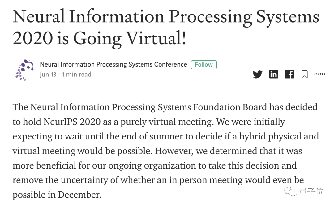 NeurIPS 2020不用抢票了！官方宣布改线上举办，网友：nice！已白嫖3个顶会_手机新浪网