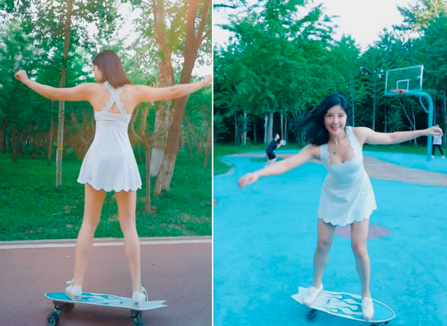 赵奕欢穿短裙玩滑板险走光！俯身凹造型秀事业线，一身肌肉太紧实|赵奕欢|事业线_新浪新闻
