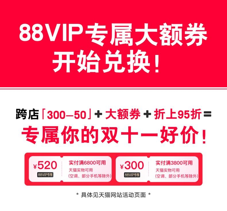 关注“双11”｜天猫“88VIP”会员今起可申领820元大额消费券和“苹果惊喜券”_手机新浪网