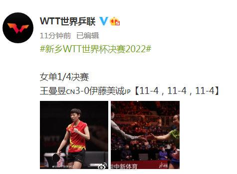 王曼昱3比0伊藤美诚 晋级新乡WTT世界杯四强|王曼昱|世界杯|WTT_新浪新闻
