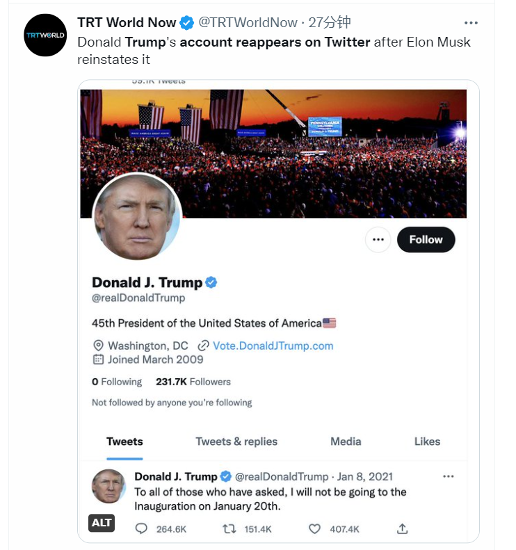 马斯克表态后，特朗普账号重回推特__财经头条