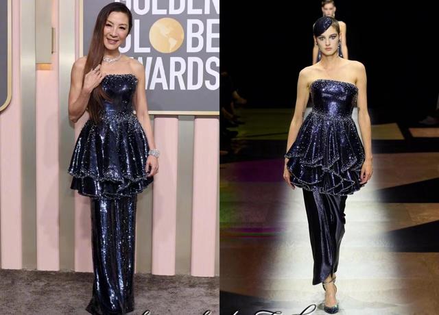 杨紫琼亮相金球奖，60岁肌肉明显皱纹横生，漏斗造型头重脚轻