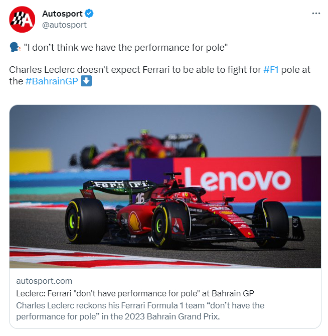 勒克莱尔不认为法拉利拥有在巴林争夺杆位的赛车性能……|杆位|巴林|克莱尔_新浪新闻