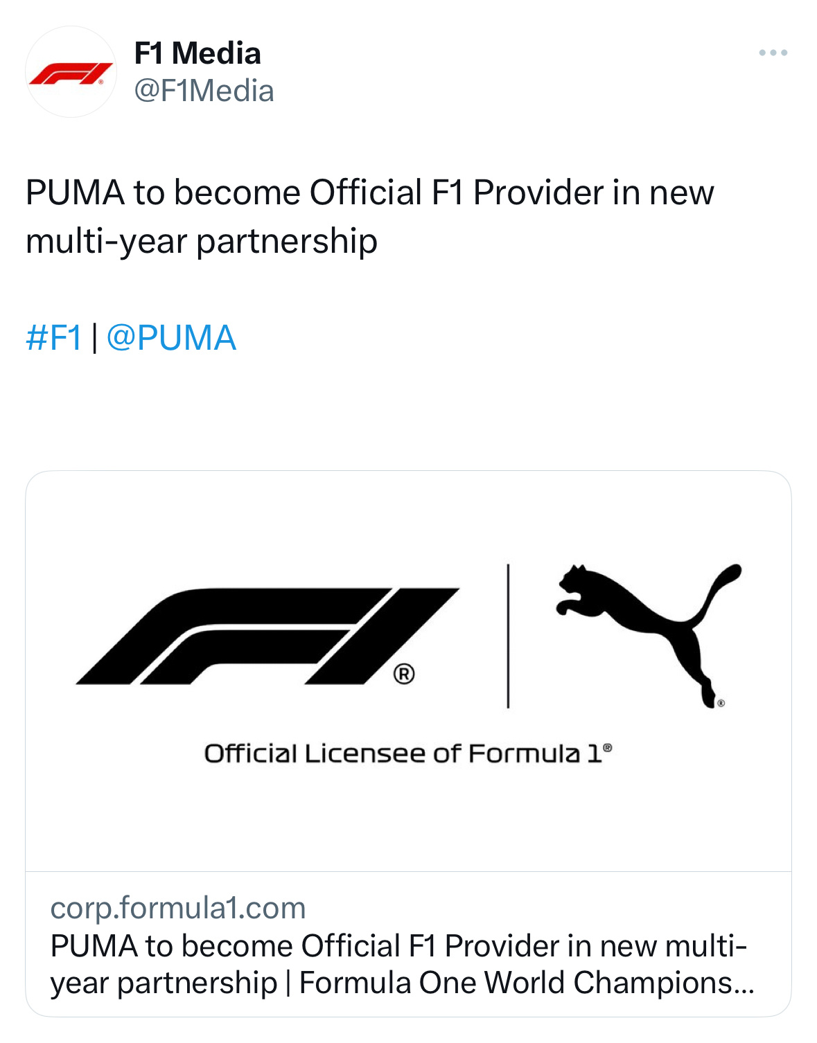 F1官宣PUMA彪马成为官方供应商，双方签约多年|供应商|彪马|签约_新浪新闻