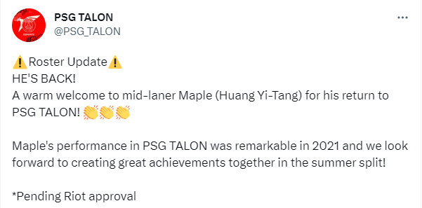 PSG官推发布：热烈欢迎中单Maple重新回到PSG|英雄联盟_新浪新闻