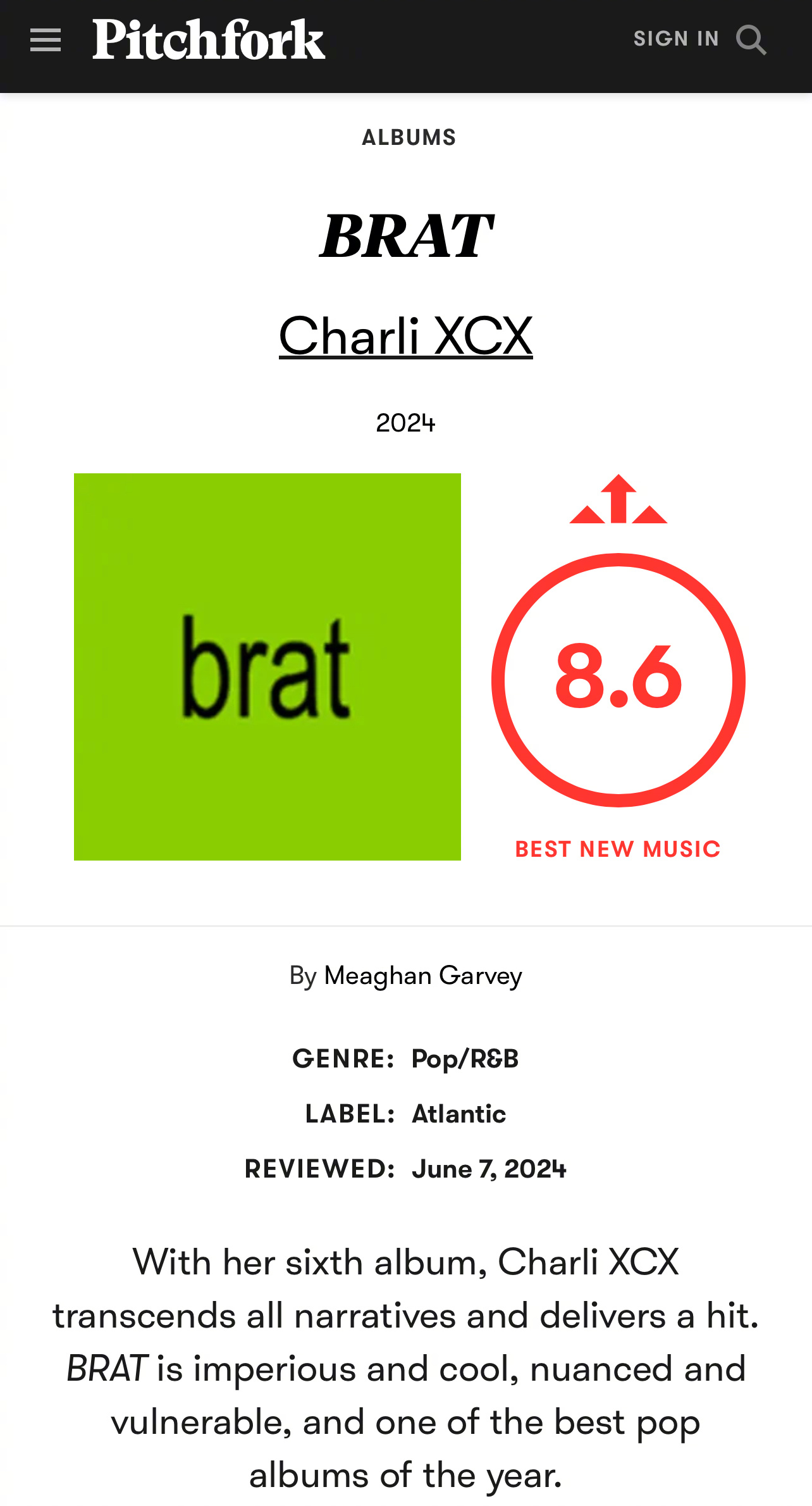 婊叉限定活了！Pitchfork为洗茶新专辑《BRAT》打出了8.6的高分！|BRAT|新专辑_新浪新闻