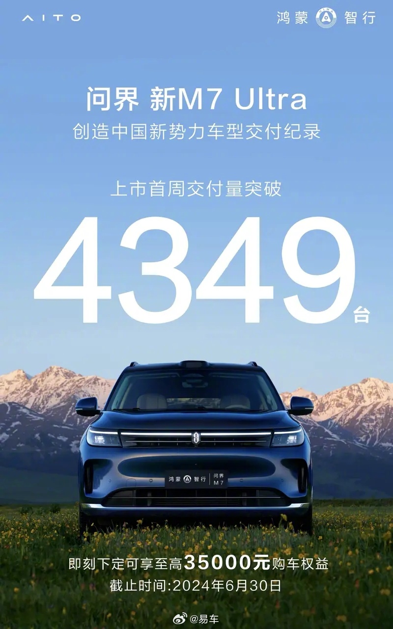 问界新M7 Ultra上市首周交付量突破4349台 售28.98万元起-新浪汽车