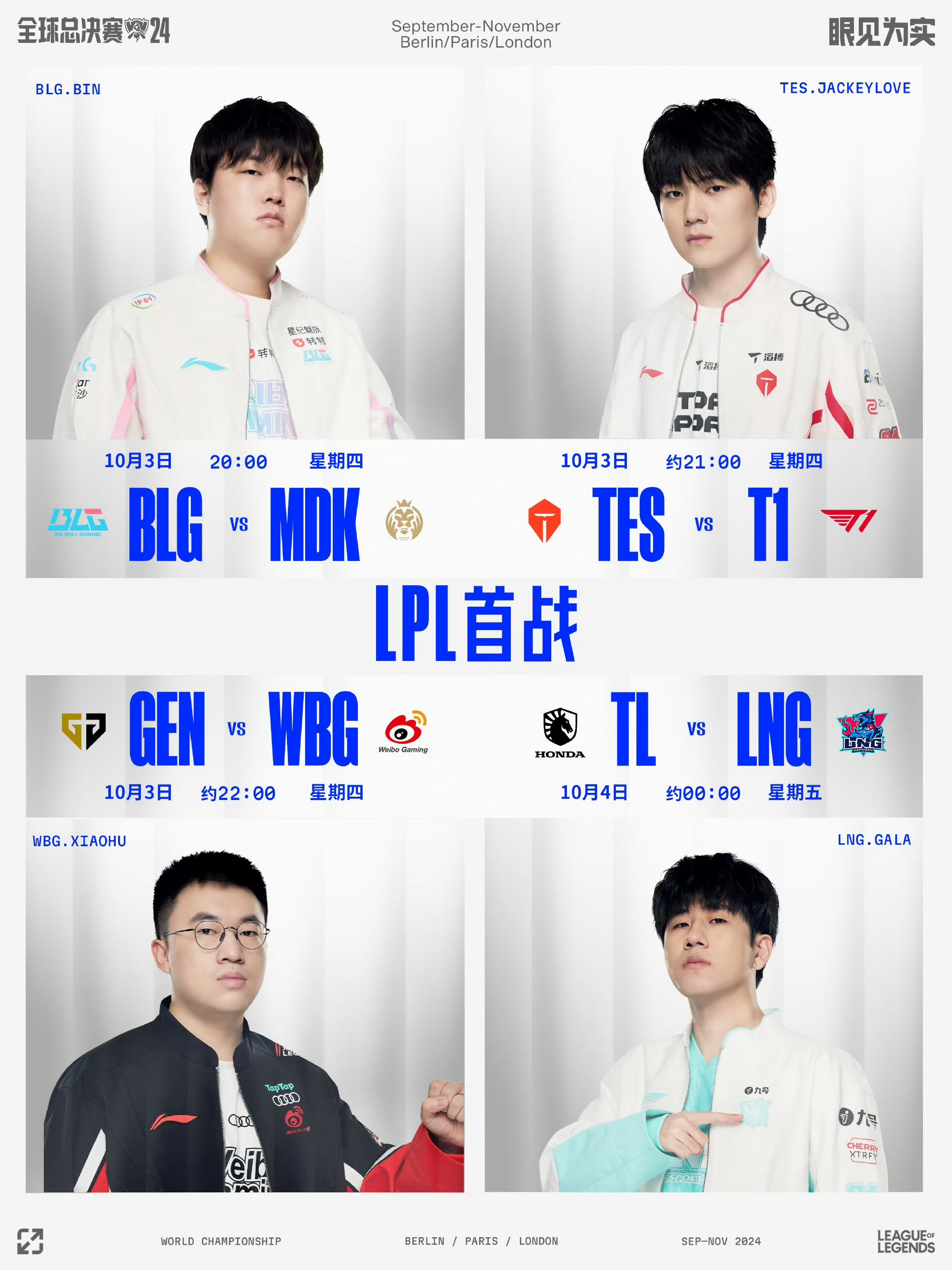 LPL世界赛首战：BLG对阵MDK，TES迎战T1，GEN对战WBG，TL迎战LNG|lpl|tes|blg_新浪新闻